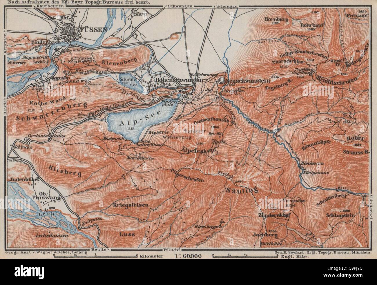 HOHENSCHWANGAU & FÜSSEN environs. Alpsee Deutschland Österreich karte ...