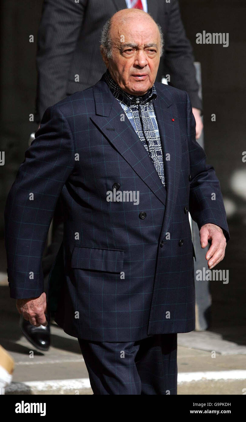 Mohamed al Fayed leaves the High Court, London, following a preliminary ...