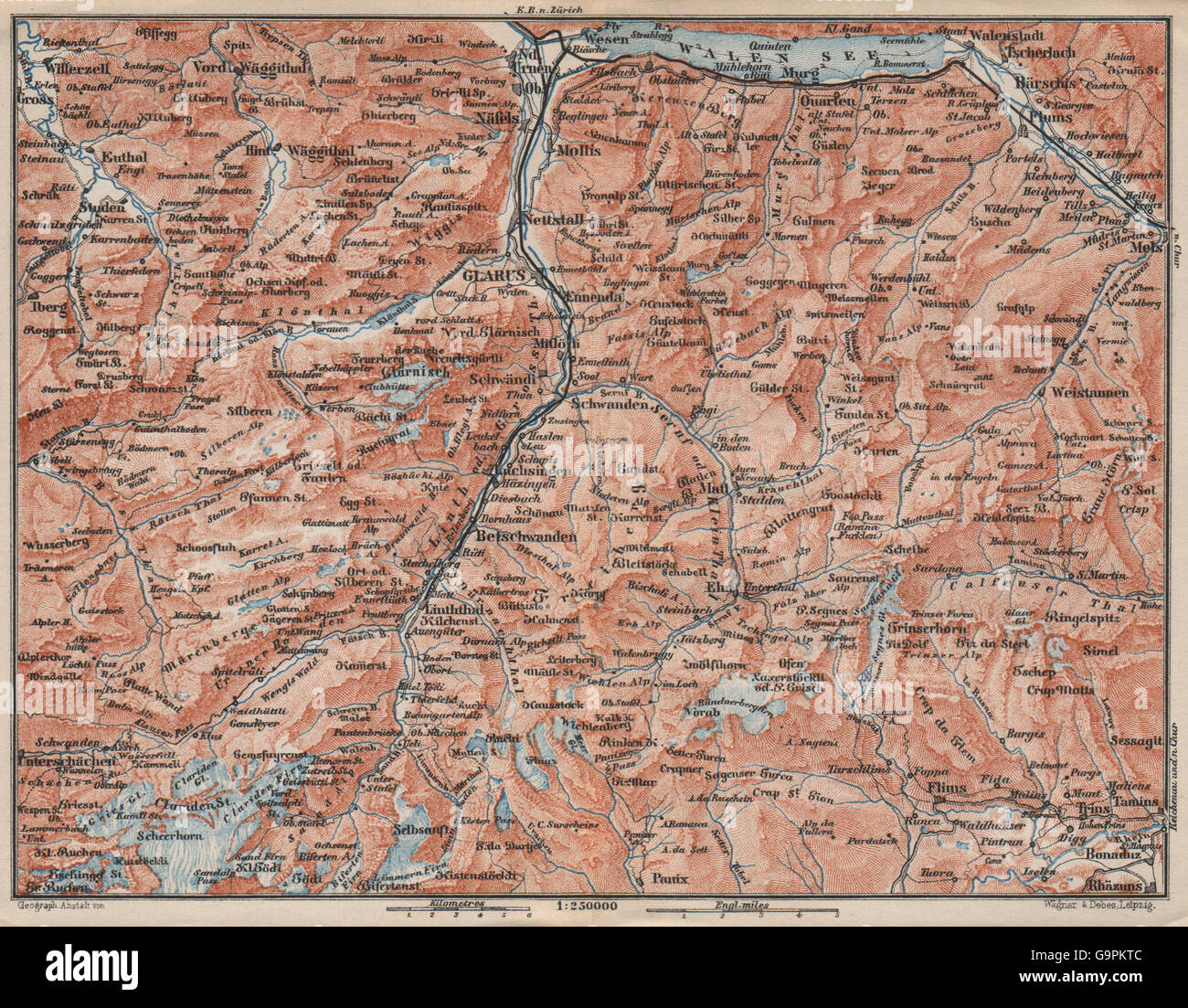 GLARUS CANTON. Flums Braunwald Flims Näfels Walen See Linththal, 1897 ...