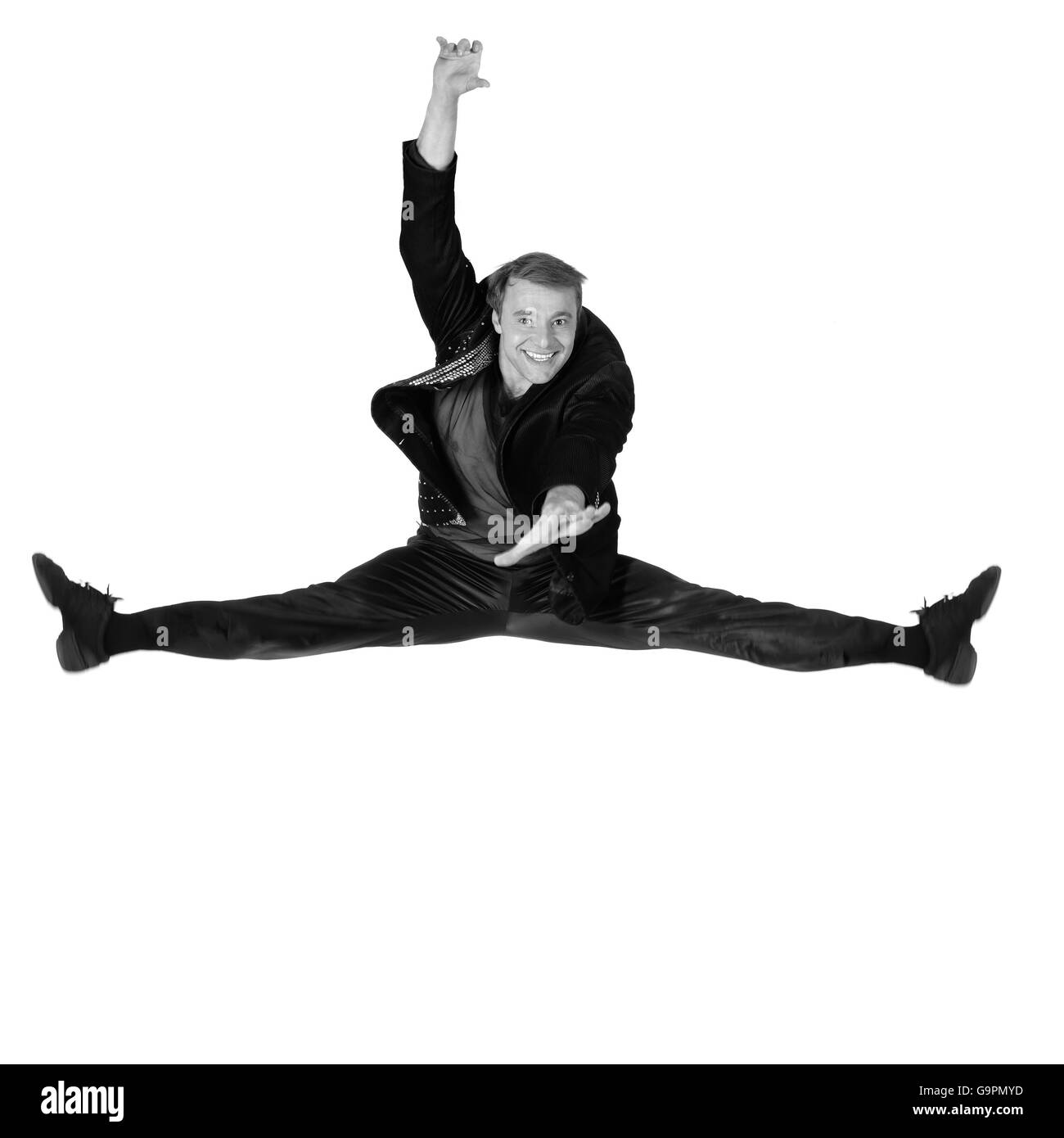 Disco dancer showing some movements against isolated white background ...