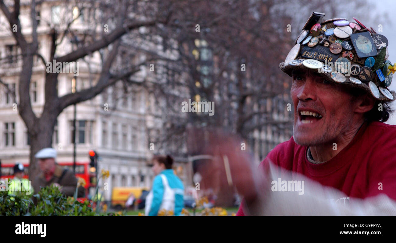 Brian Haw in Parliament Square, protesting against Britain's trident ...