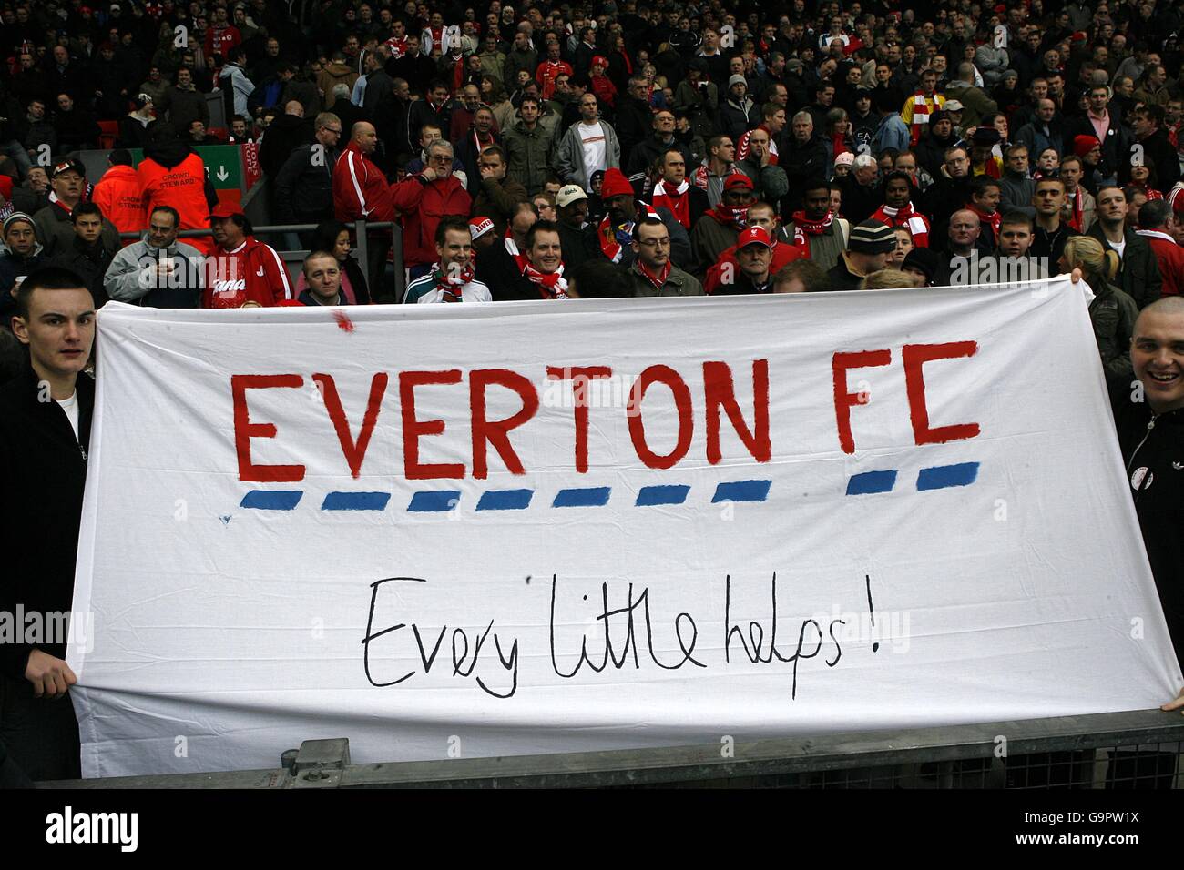 Liverpool fans with a message for the visiting fans hi-res stock ...