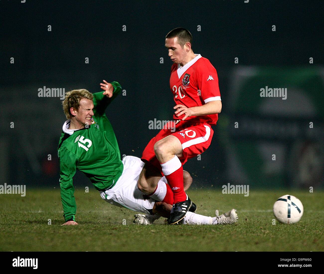 Northern Ireland's Dean Shiels is tackled by Wales' Andrew Crofts Stock ...