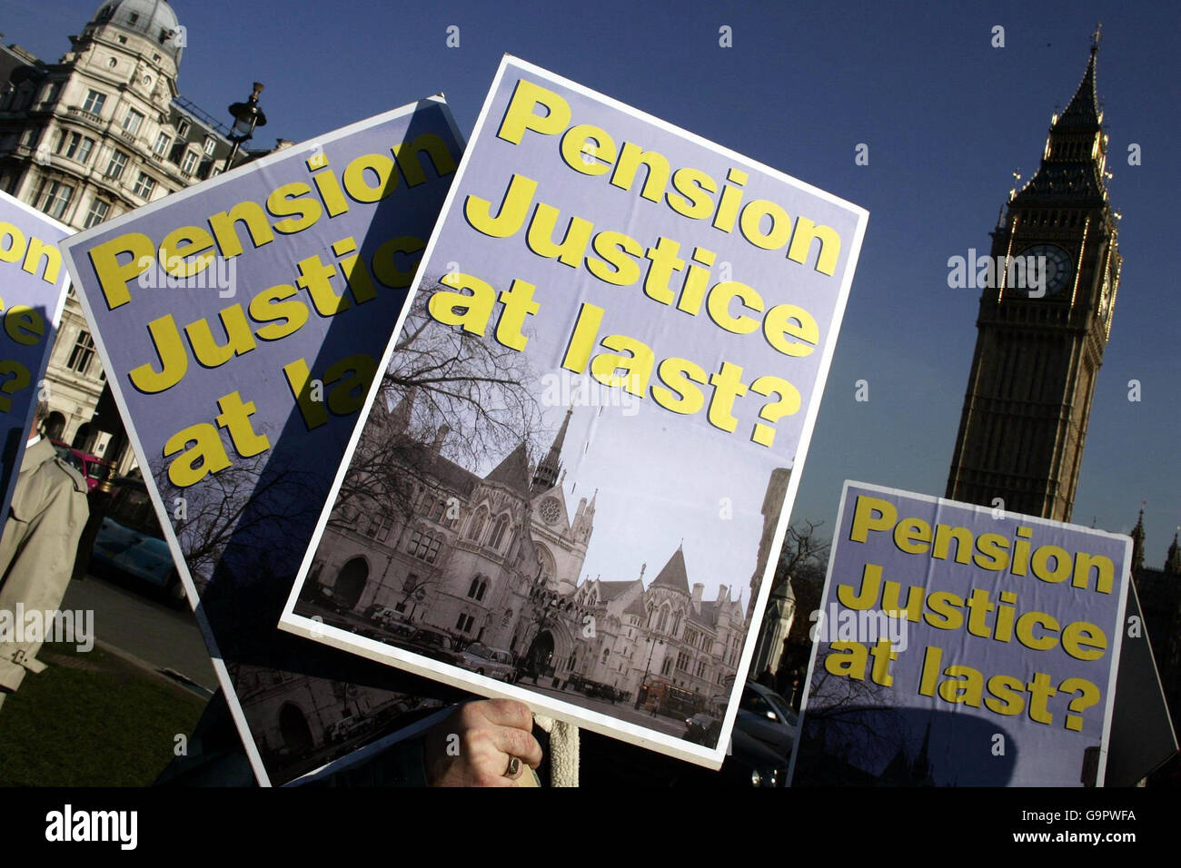 Placards raised during the Pension Protest in Parliament Square ...