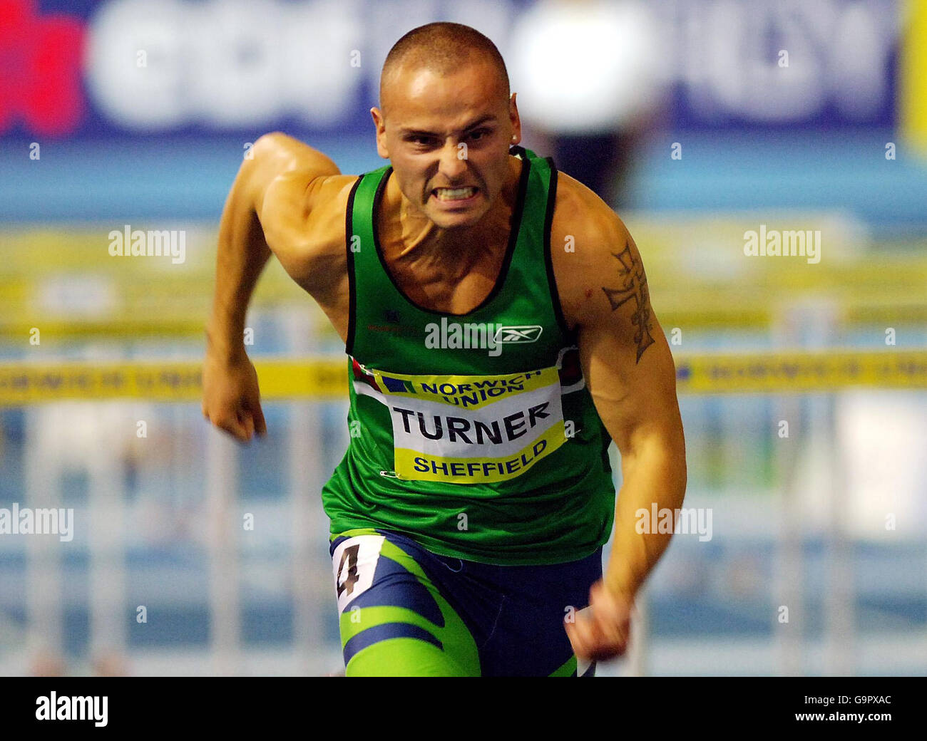Andy Turner wins the Mens 60m hurdles during the Norwich Union European ...