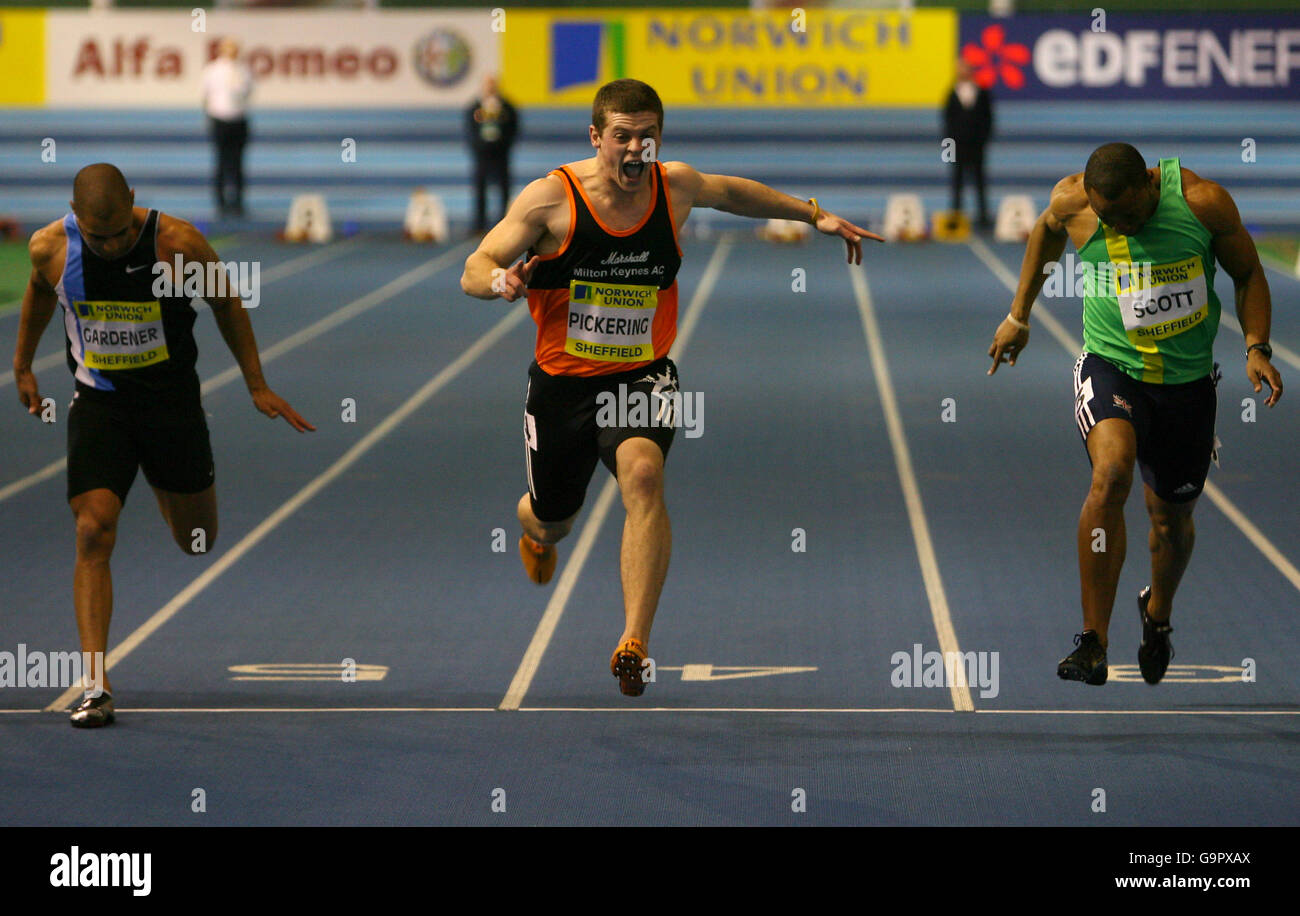 Milton Keynes' Craig Pickering celebrates as he wins the 60m final from ...