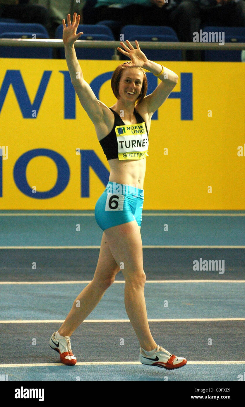 Laura Turner celebrates after winning the Womens 60m race during the ...