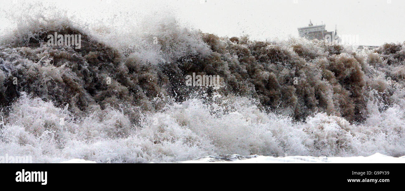 Heavy waves crash on shore in Branscombe, Devon, as the grounded cargo ...