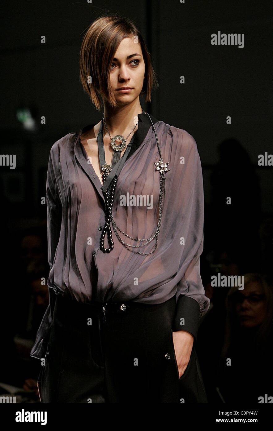 A model wears a design by Noir at the BFC Tent, London Stock Photo - Alamy