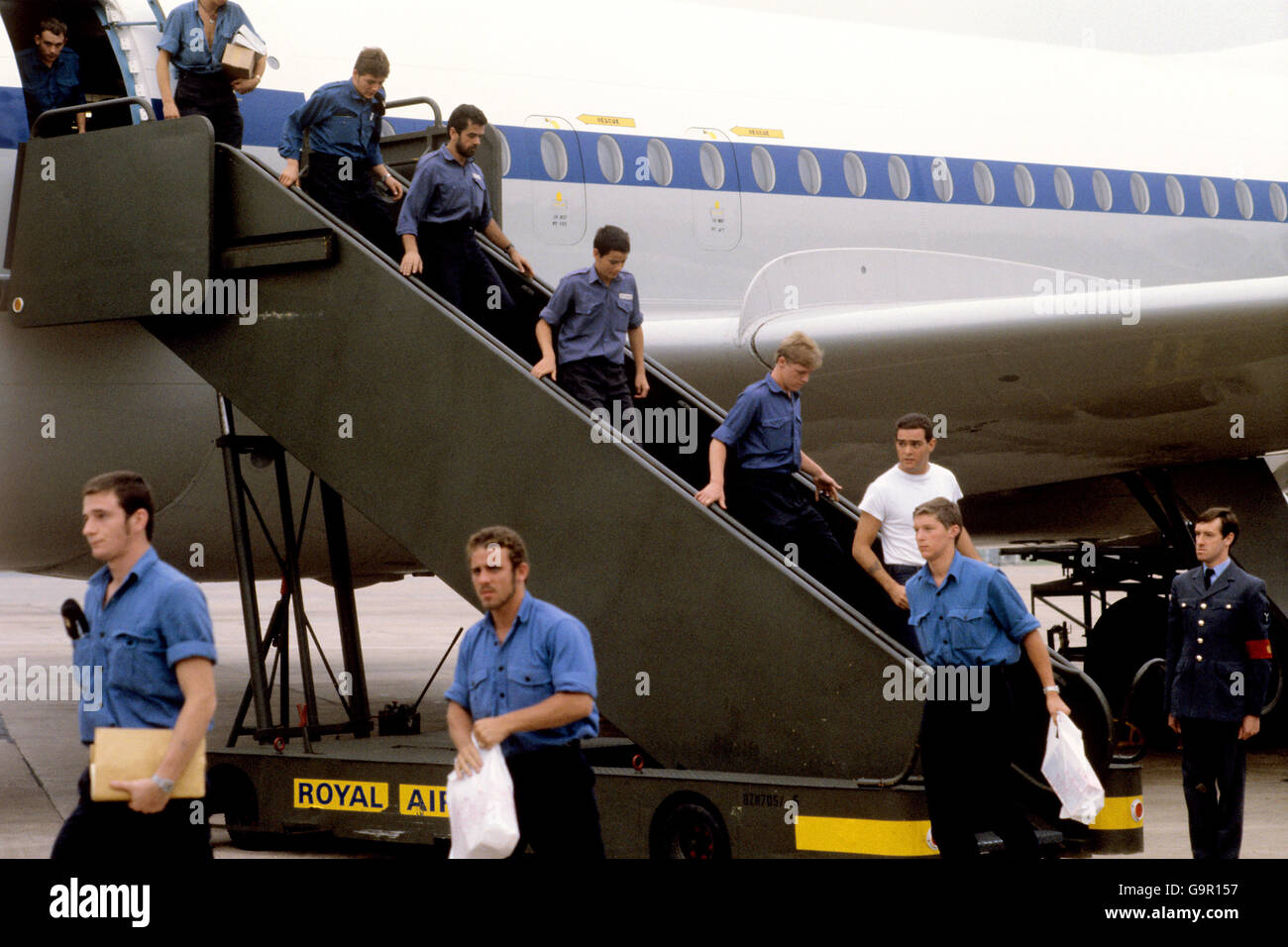Survivors from the destroyer HMS Sheffield arriving back at RAF Brize ...