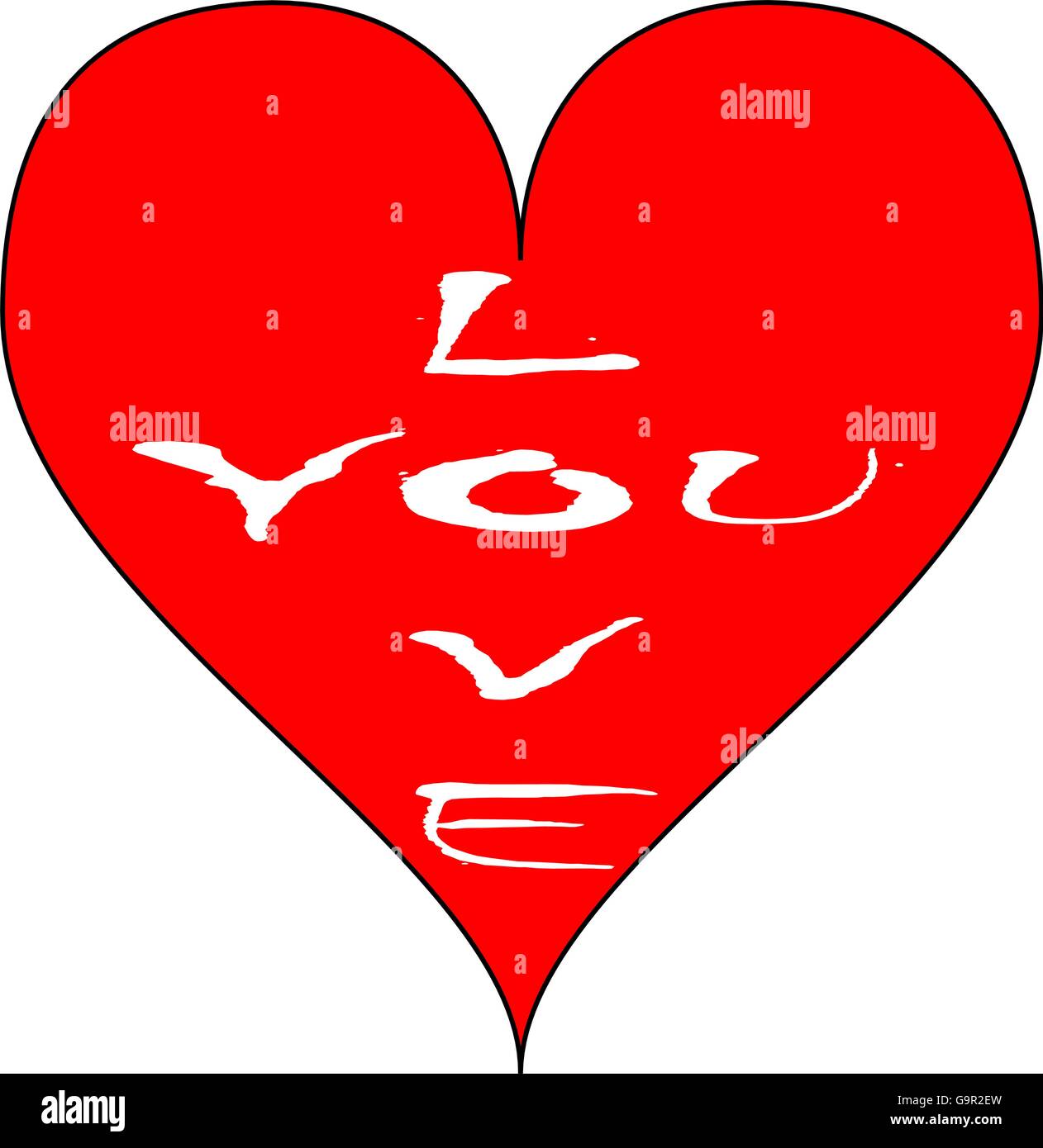 Simple red heart. "Love you" written inside. Isolated over a white ...