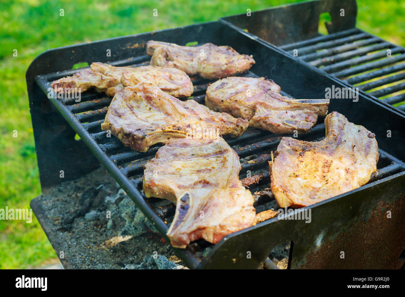 Juicy Stakes Cooking On Grill Barbeque Outdoors Countryside Meat Smoke ...