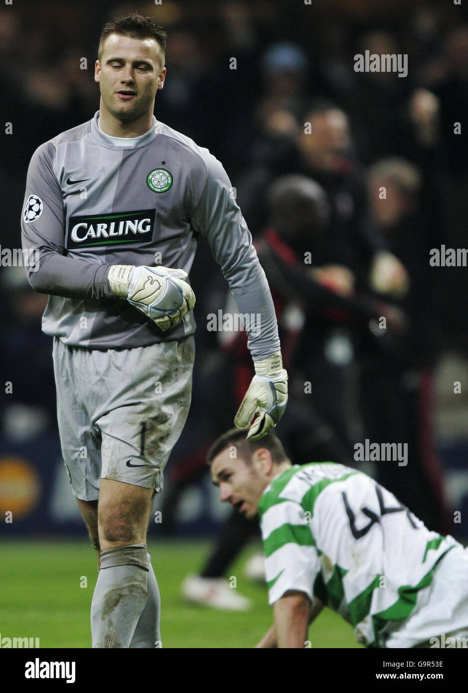 Celtic's goalkeeper Artur Boric and Stephen McManus look dejected after ...