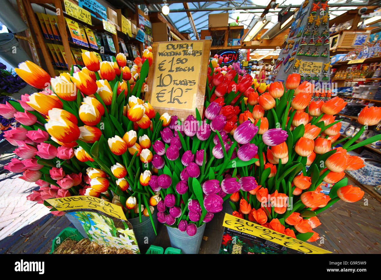 Wooden Tulip flowers on sale in the flower market in Amsterdam, Holland ...