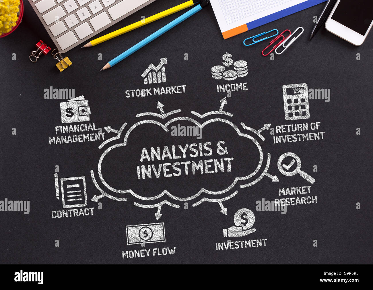 Analysis and Investment Chart with keywords and icons on blackboard ...