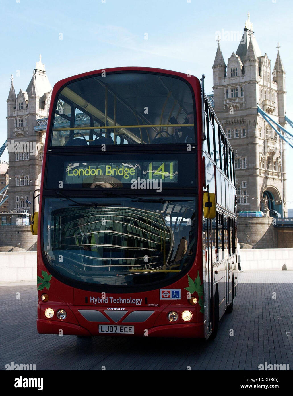 The World's first hybrid diesel electric double decker bus pulls out ...