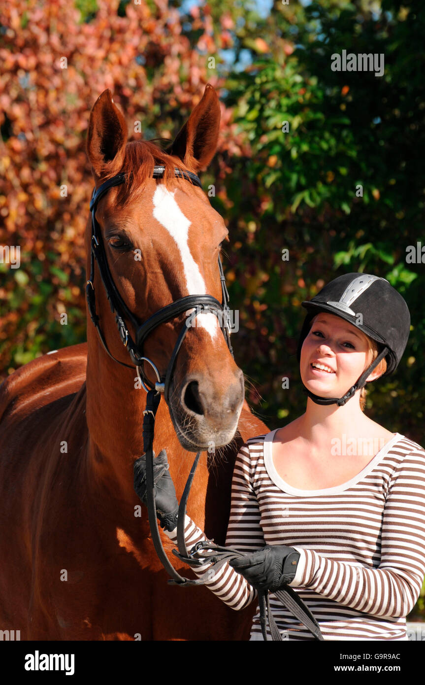 Girl with German Warmblood / sorrell, bridle, riding helmet Stock Photo ...