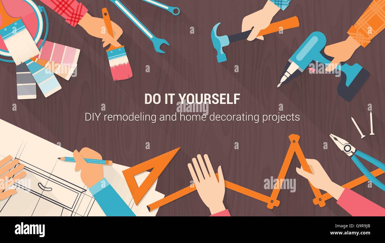 DIY banner with tools set, and team working together hands close up ...