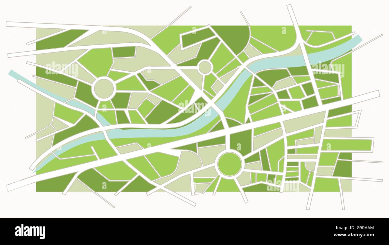 Abstract green city map with river, streets and roundabouts Stock ...