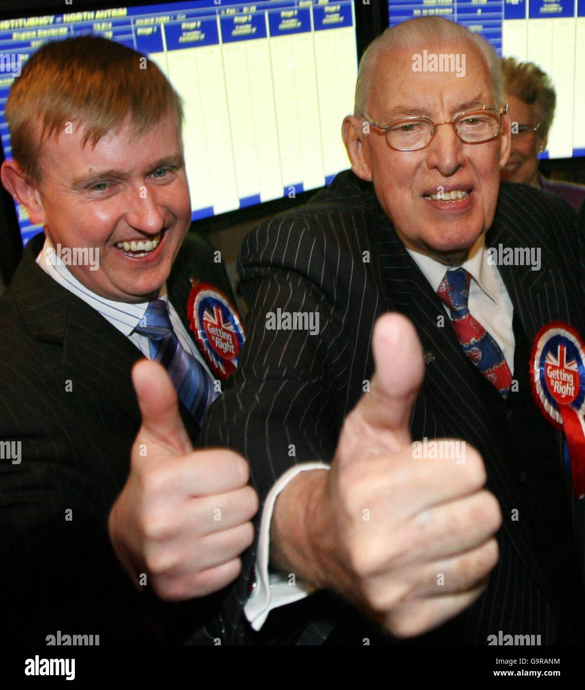 Mervyn Storey and Rev Ian Paisley (right) celebrate after the count at ...