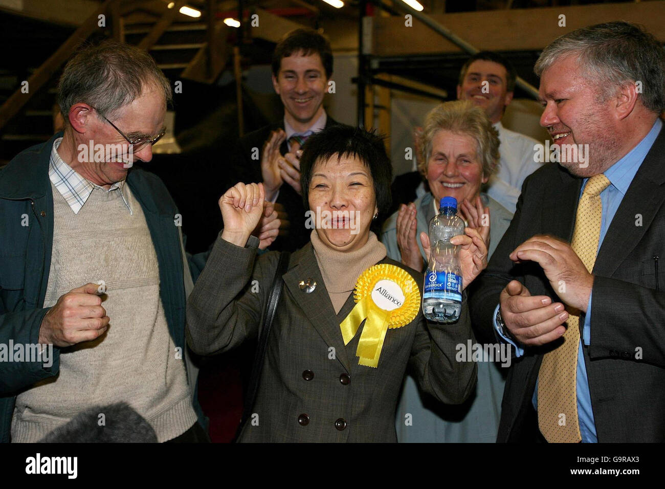 Alliance MLA Anna Lo celebrates at the Kings Hall in Belfast, after ...