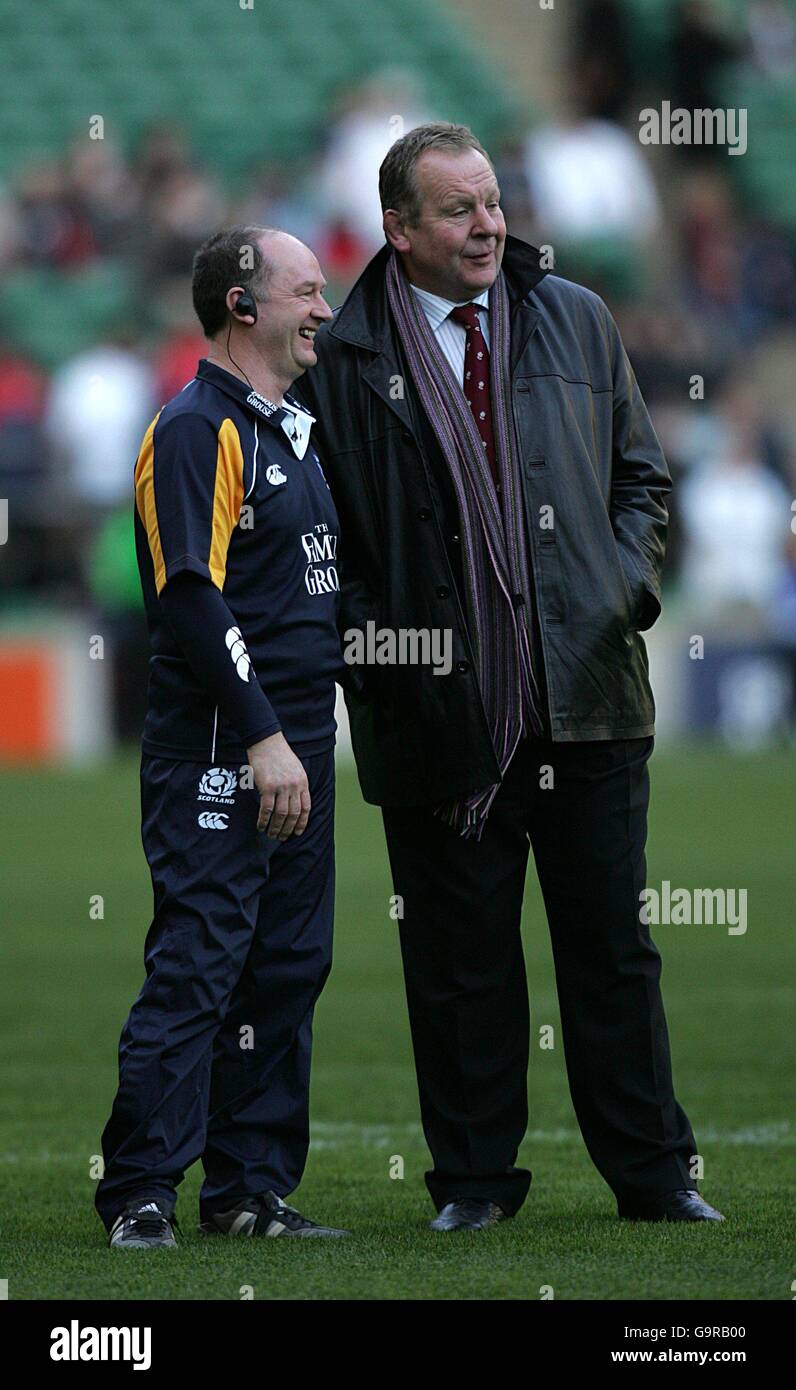 Scotland team doctor Dr James Robson (l) talks to ex England captain ...