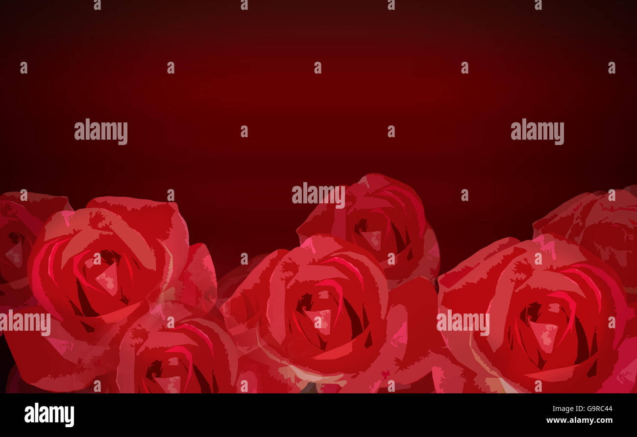 Abstract sweet red roses bouquet on dark red background with empty or ...