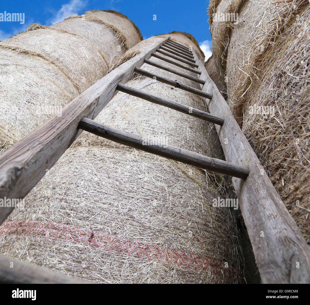 wood ladder in the barn with bales of hay and blue sky Stock Photo - Alamy