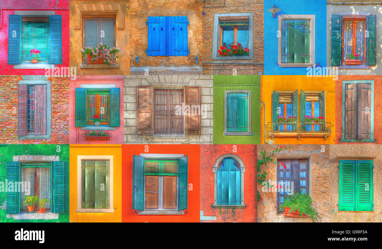 collage of Italian rustic windows in hdr tone mapping effect Stock ...