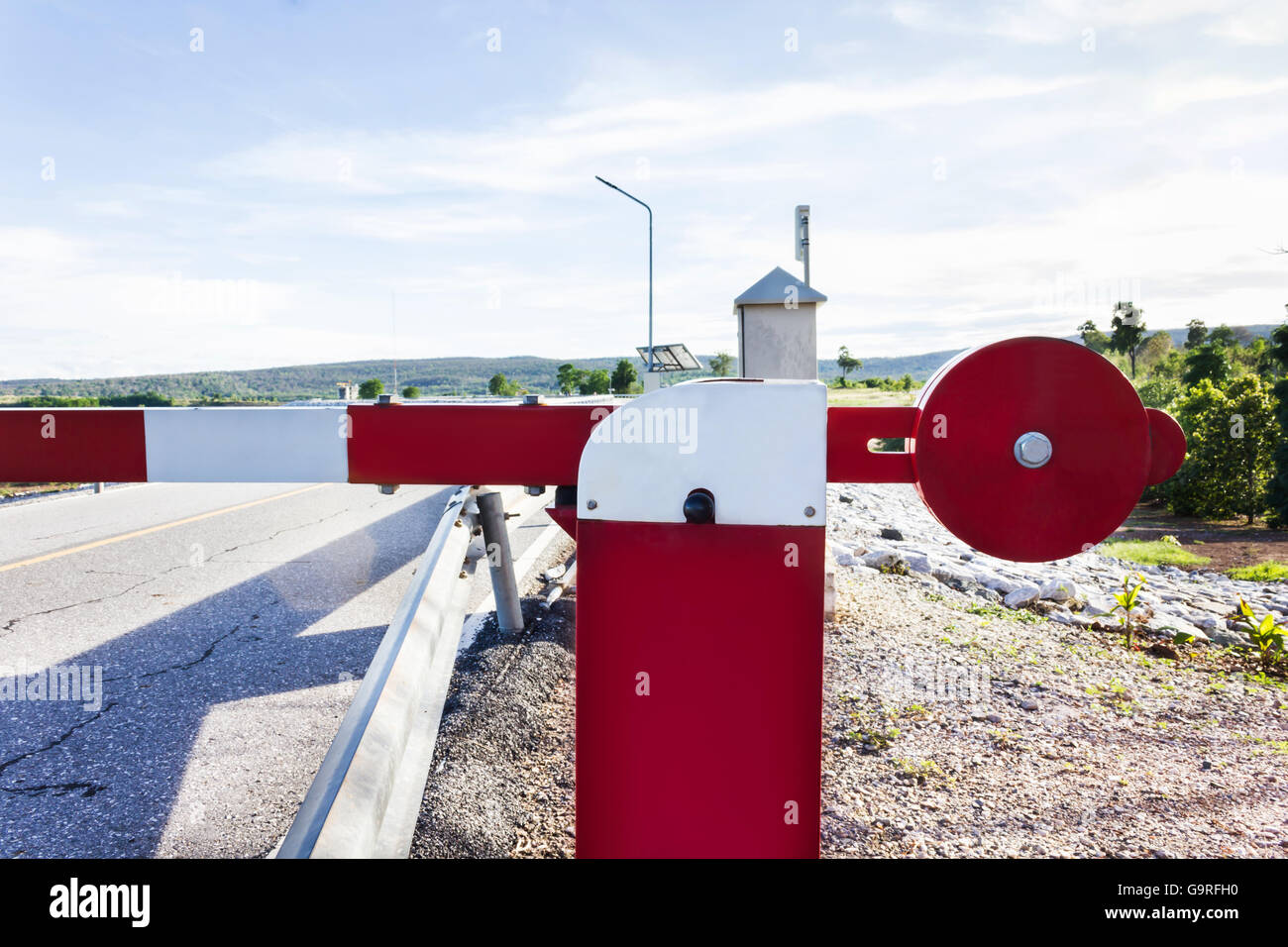 Red barricade at stop area ,barrier or blackade Stock Photo - Alamy