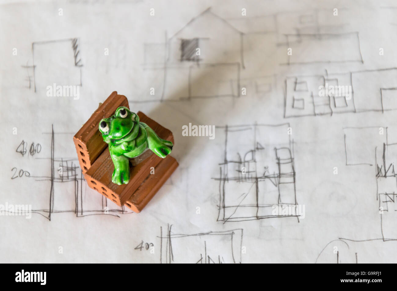 Toy frog sitting on a brick on architect sketches background Stock ...