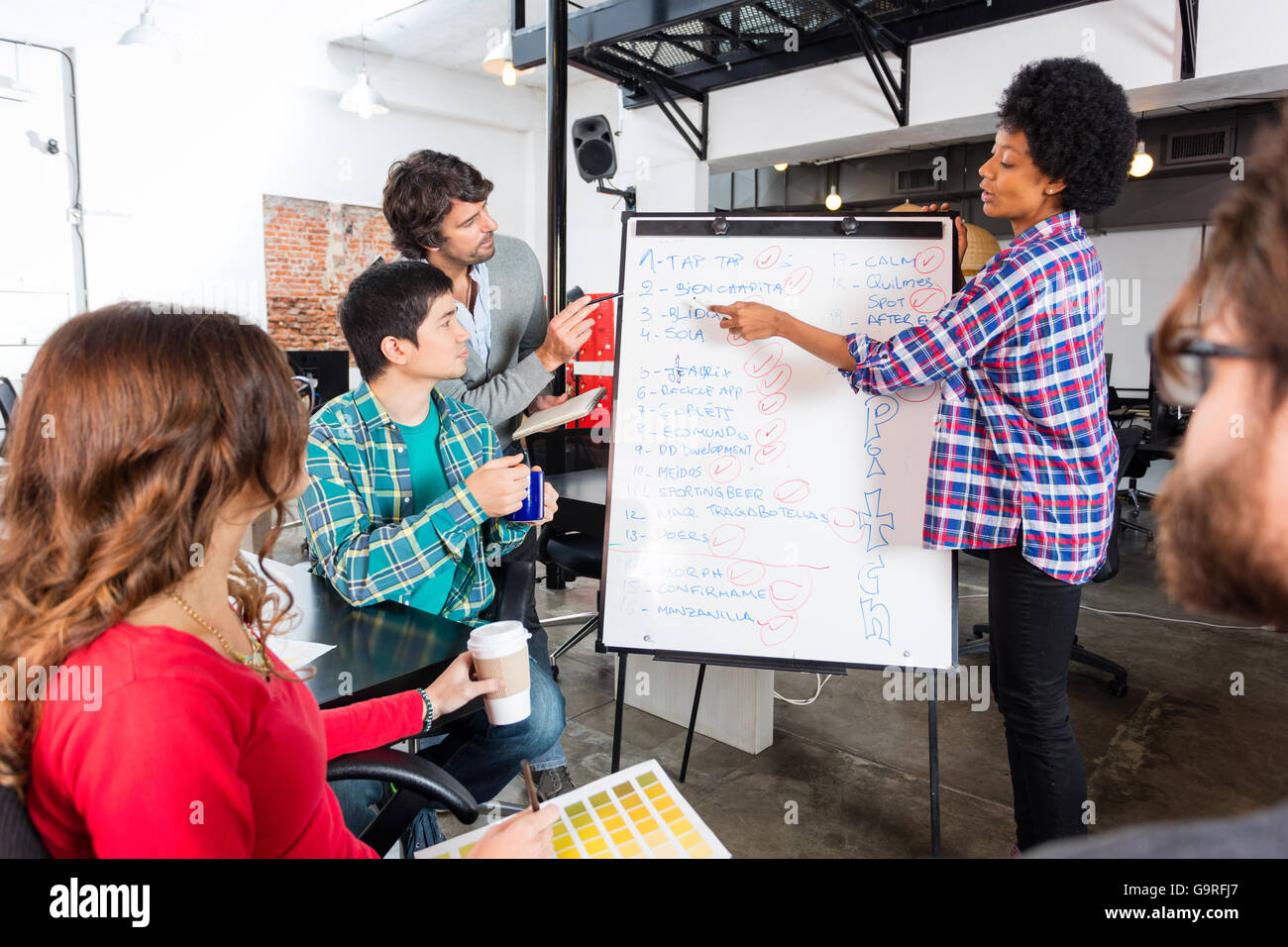 People group discussing new project woman whiteboard Stock Photo - Alamy