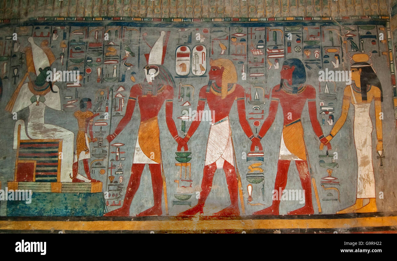 Mural painting, pharao, pharaohs, queen, tomb of Ramses I, tomb number ...