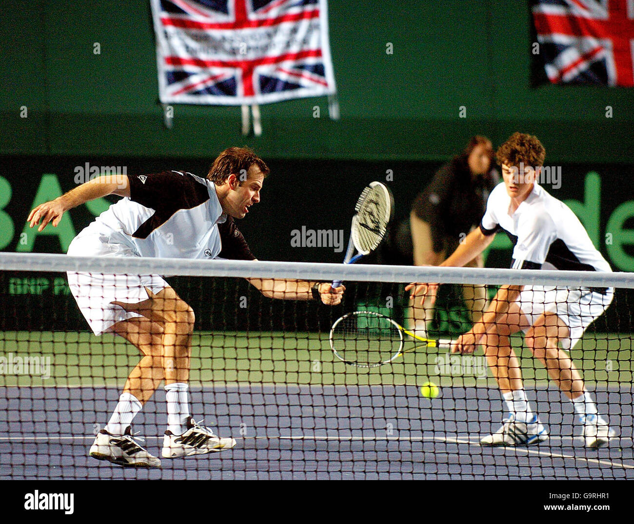 Full length action ball racquet ball union jack flag net hi-res stock ...