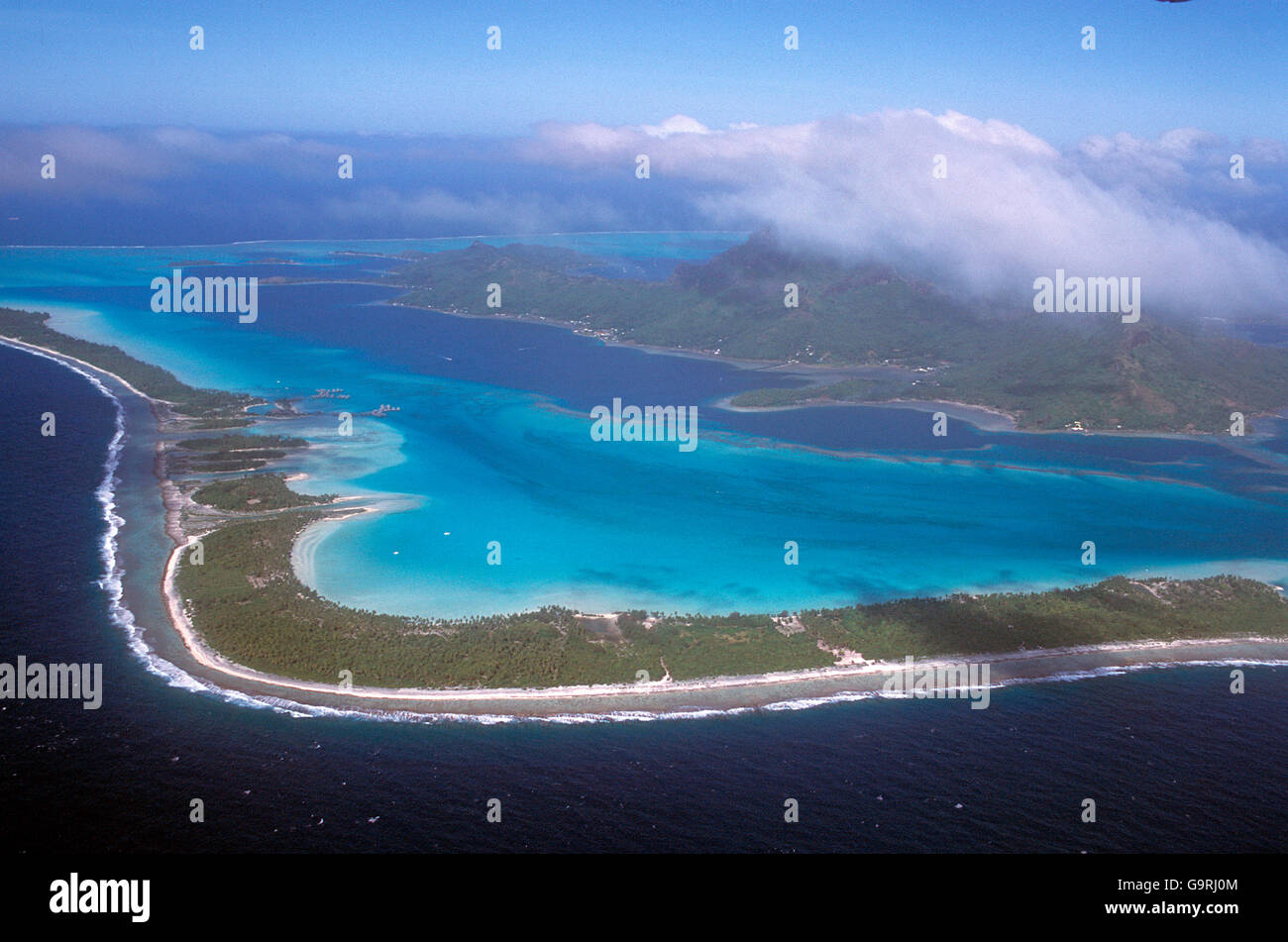 Lagon of Bora Bora, bird's eye view, Tahiti islands, French Polynesia ...