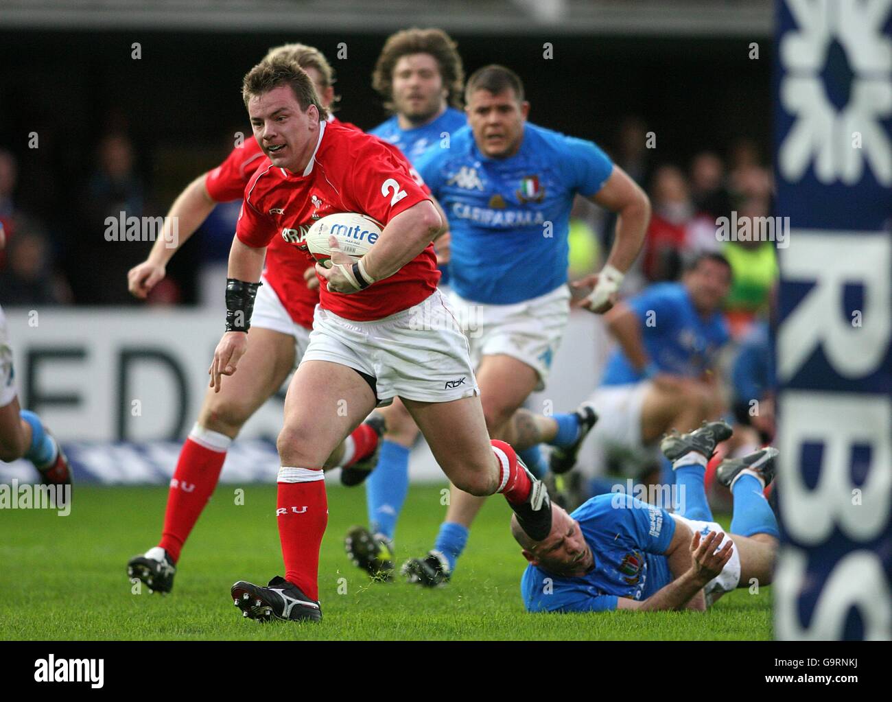 Wales' Matthew Rees breaks through the Italy defence to score their ...