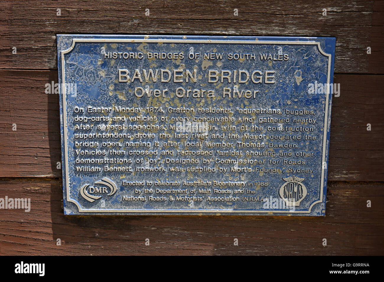 plaque sign describing the Bawden bridge over the Orara river on the ...