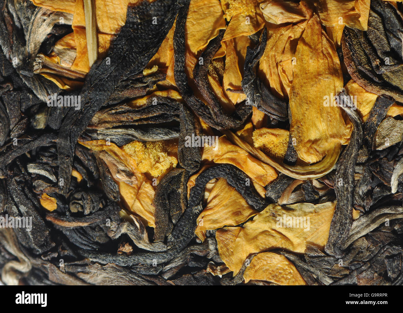 Pressed Chinese tea with Dendrobium orchid flowers in it Stock Photo ...
