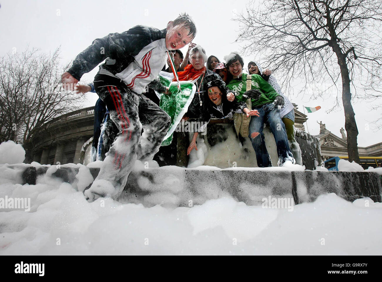 St Patrick's Day revellers hold an impromptu foam party in a fountain ... St Patrick's Day revellers hold an impromptu foam party in a fountain ...