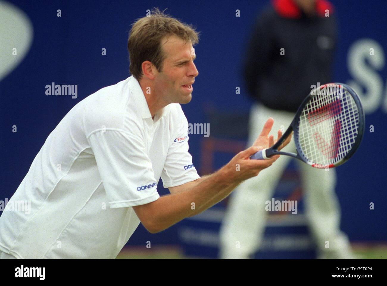 Greg Rusedski pleads with the umpire to over rule a bad line-call Stock ...