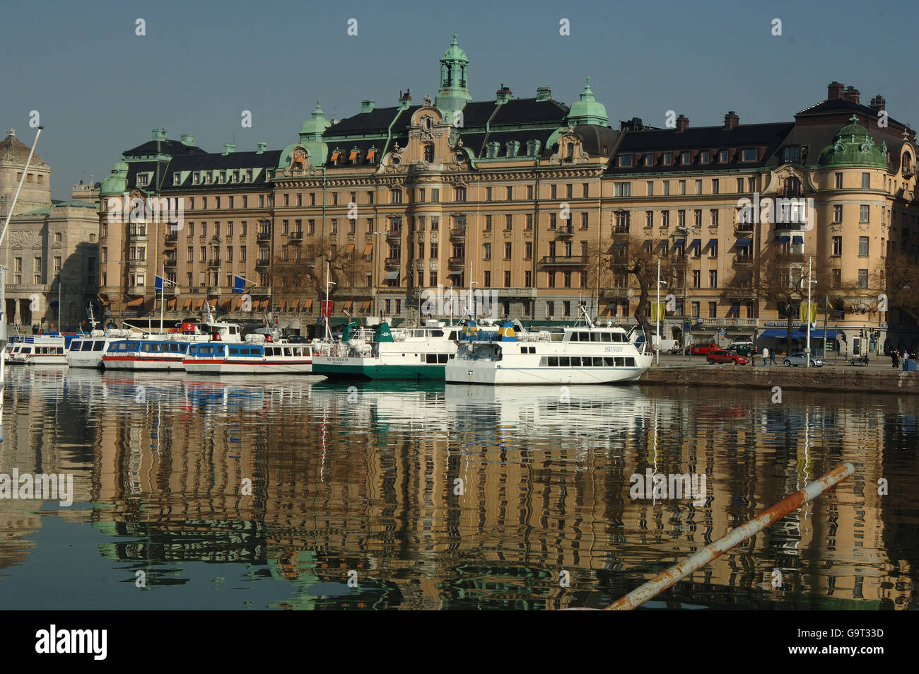 A view across Stockholm's Nybroviken of buildings along Strandvagen ...
