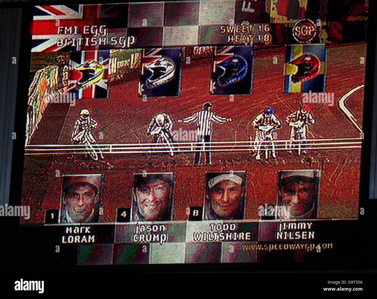 The scoreboard shows the riders lining up before the start of the race ...