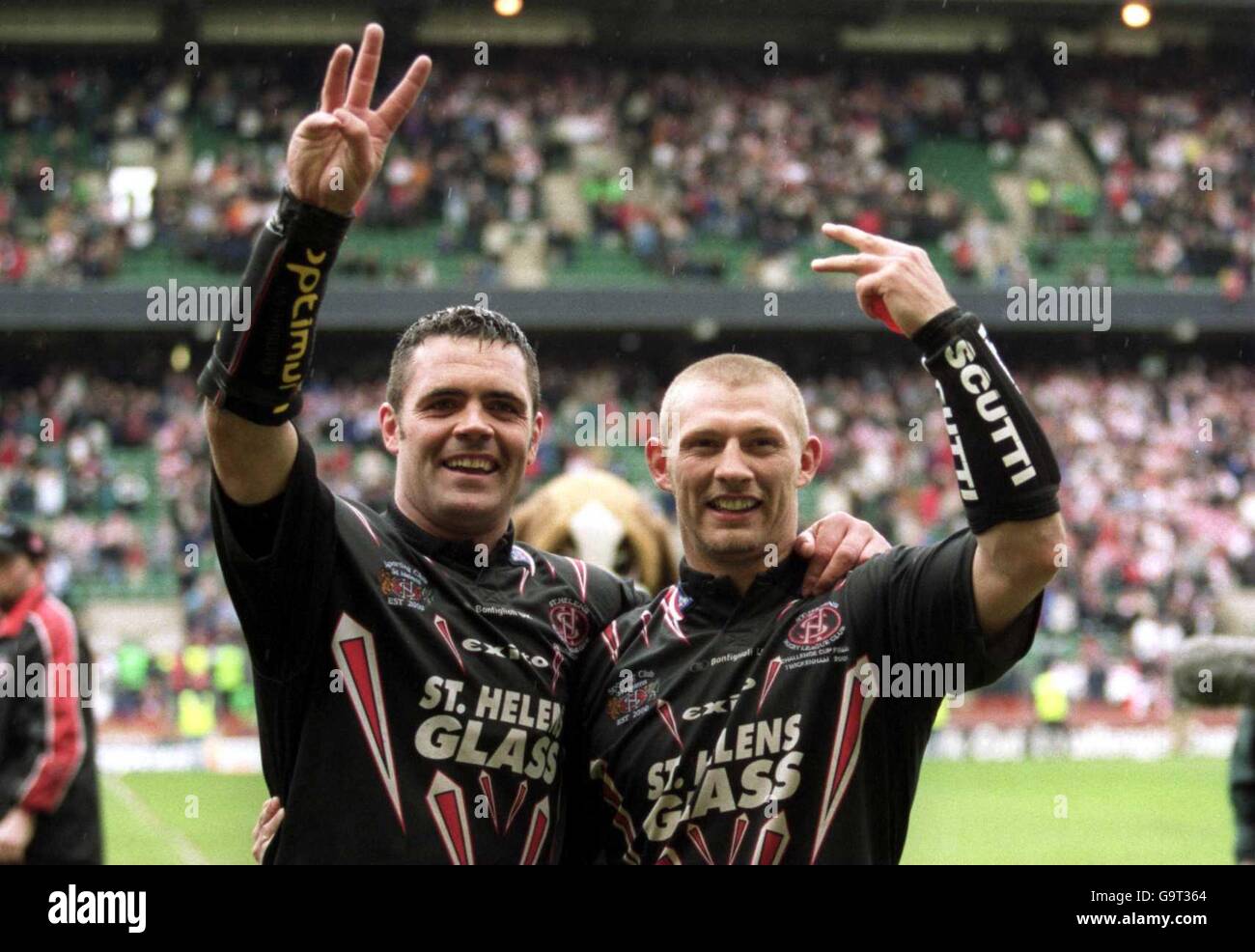 (L-R) St Helens' Tommy Martyn and Sean Long celebrate winning the Silk ...