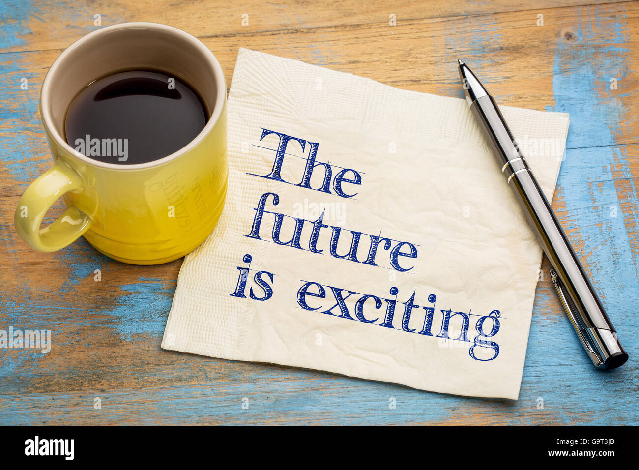 The future is exciting - handwriting on a napkin with a cup of coffee ...