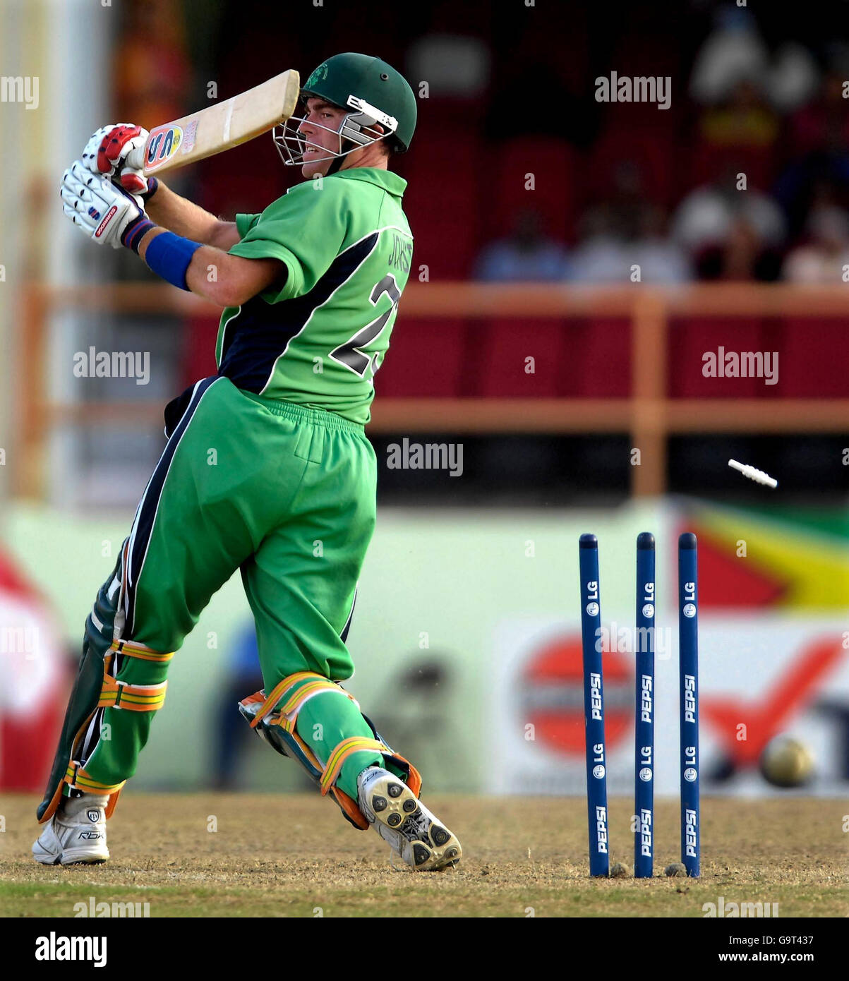 Ireland captain Trent Johnson is bowled out during the ICC Cricket ...