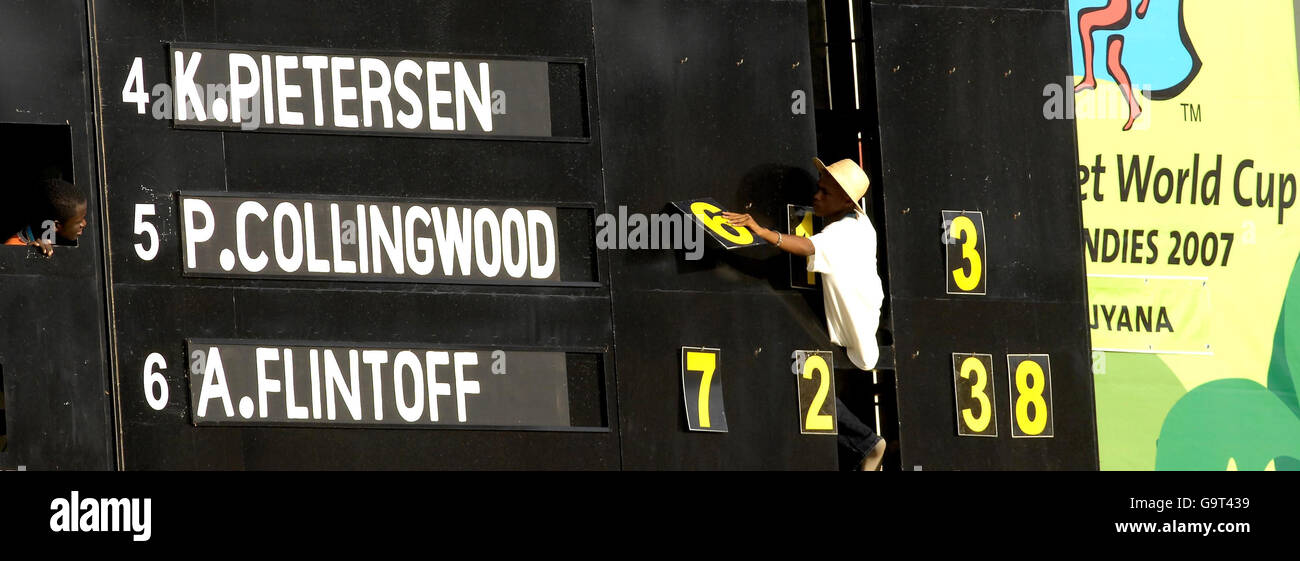 Showing the manual scoreboard during the ICC Cricket World Cup Super ...
