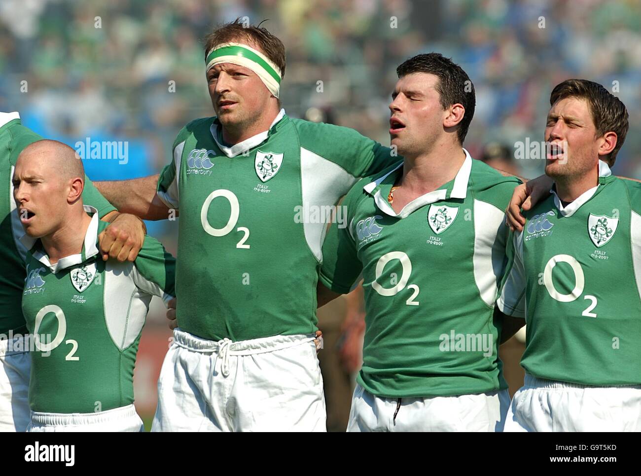 (l to r) Ireland's Peter Stringer, Mick O'Driscoll, Denis Leamy and ...
