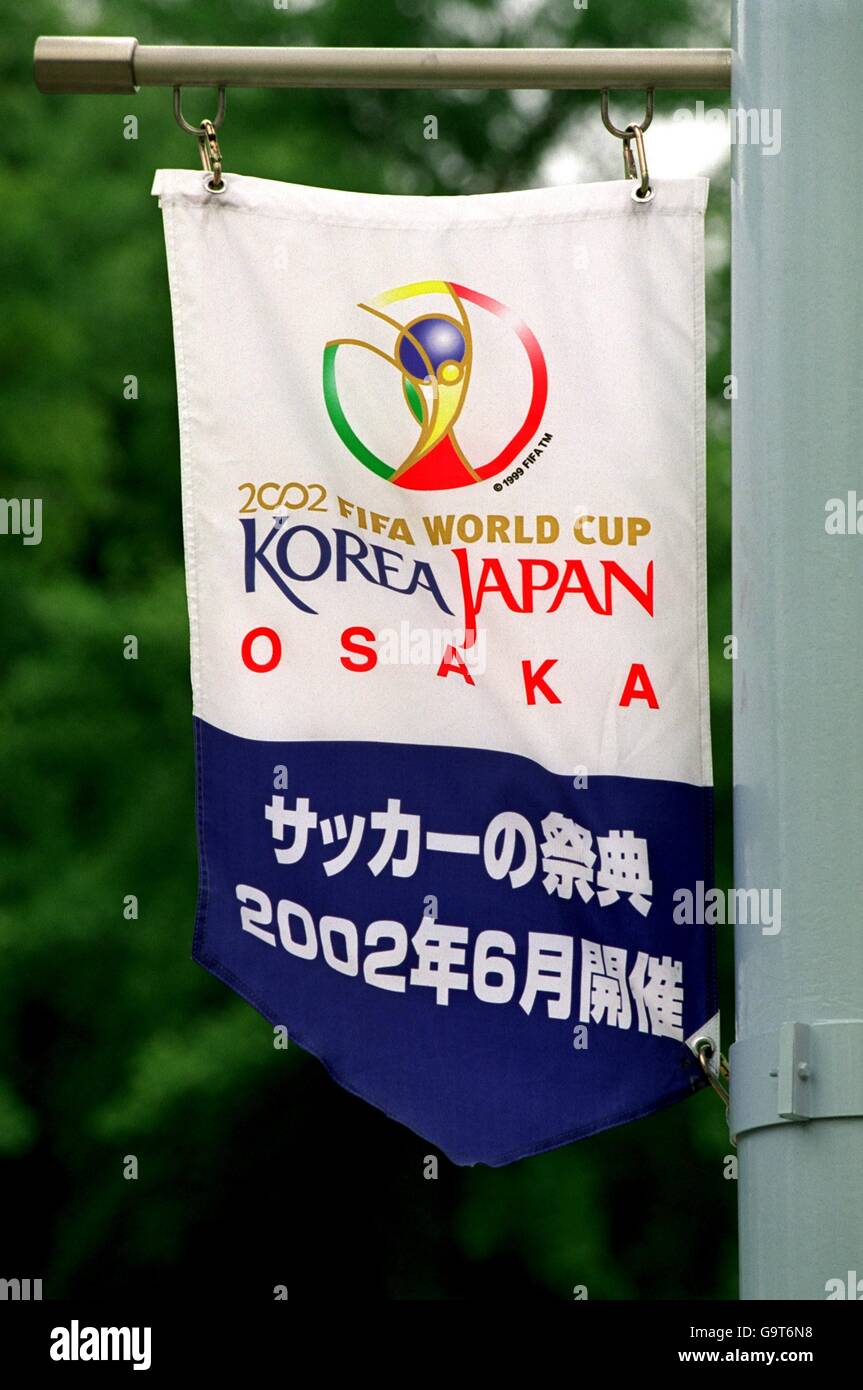 A hanging 2002 World Cup banner outside the Nagai Stadium in Osaka ...