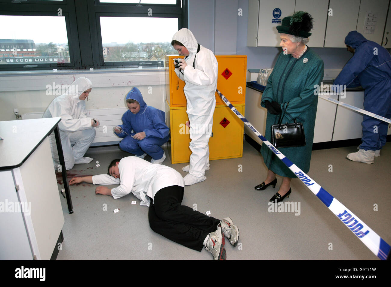 Queen visits 'crime scene' Stock Photo - Alamy