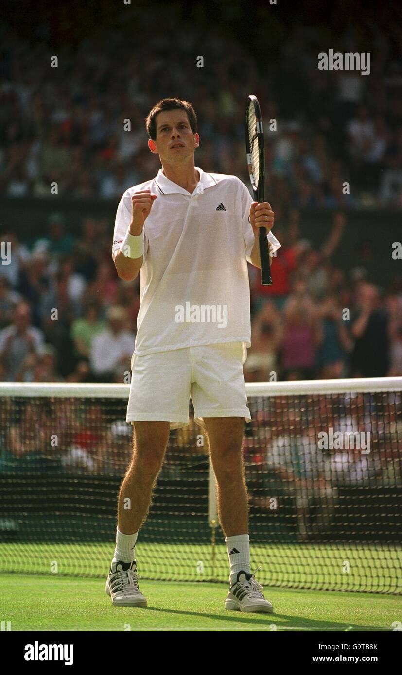 Tennis - Wimbledon Championships - Third Round. Tim Henman celebrates ...